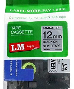 LM Tapes - Brother PT-1180 1/2" (12mm 0.47 Laminated) Black on Silver Compatible TZe P-touch Tape for Brother Model PT1180 Label Maker with FREE Tape Guide Included