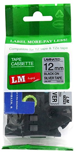 LM Tapes - Brother PT-1180 1/2" (12mm 0.47 Laminated) Black on Silver Compatible TZe P-touch Tape for Brother Model PT1180 Label Maker with FREE Tape Guide Included