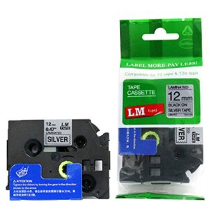 LM Tapes - Brother PT-1180 1/2" (12mm 0.47 Laminated) Black on Silver Compatible TZe P-touch Tape for Brother Model PT1180 Label Maker with FREE Tape Guide Included