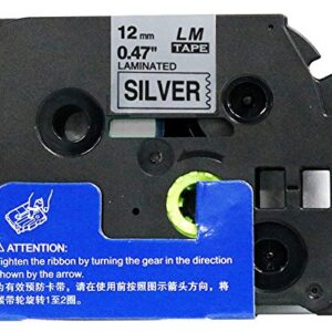 LM Tapes - Brother PT-1180 1/2" (12mm 0.47 Laminated) Black on Silver Compatible TZe P-touch Tape for Brother Model PT1180 Label Maker with FREE Tape Guide Included