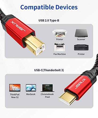 JSAUX USB B to USB C Printer Cable 10ft, USB C to USB B Printer Cable Nylon Braided, USB C MIDI Cable Compatible for MacBook Pro, HP, Epson, Canon, Brother, Lexmark, Xerox Printers and Scanner-Red