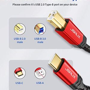 JSAUX USB B to USB C Printer Cable 10ft, USB C to USB B Printer Cable Nylon Braided, USB C MIDI Cable Compatible for MacBook Pro, HP, Epson, Canon, Brother, Lexmark, Xerox Printers and Scanner-Red