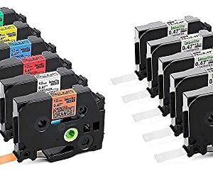 Replacement for Brother Ptouch TZe Label Tape Multicolor Bundle with Compatible TZe-231 Label Tapes, 0.47" x 26.2', Black on White/Orange/Red/Blue/Yellow/Green (Total 11-Pack)