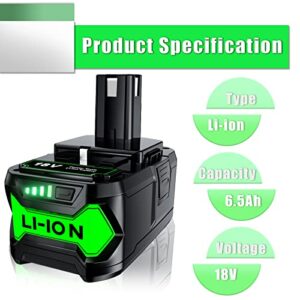 POWTREE Upgraded 6500mAh 18V Replacement for Li-ion Ryobi 18V Battery ONE+ Plus P108 P102 P103 P104 P105 P107 P109 P122 PBP005 RB18L50 Cordless Power Tools with LED Indicator 2Pack