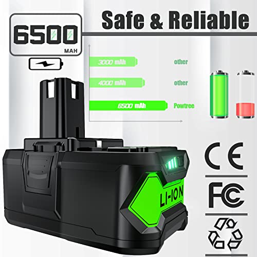 POWTREE Upgraded 6500mAh 18V Replacement for Li-ion Ryobi 18V Battery ONE+ Plus P108 P102 P103 P104 P105 P107 P109 P122 PBP005 RB18L50 Cordless Power Tools with LED Indicator 2Pack