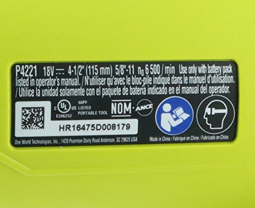 Ryobi P421 6500 RPM 4 1/2 Inch 18-Volt One+ Lithium Ion-Powered Angle Grinder (Battery Not Included, Power Tool Only)