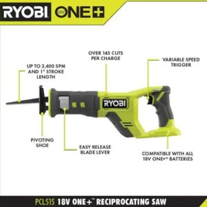 RYOBI ONE+ 18V Cordless Reciprocating Saw (Tool Only), PCL515B