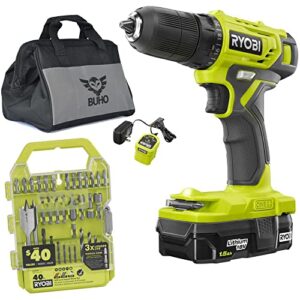 ryobi drill set bundle with ryobi 18v one+ drill, drill bits, and buho tool bag