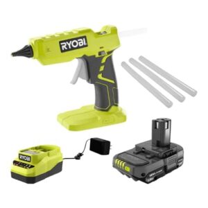 ryobi cordless full size glue gun kit with 1.5 ah battery, 18v charger, and (3) 1/2 in. glue sticks