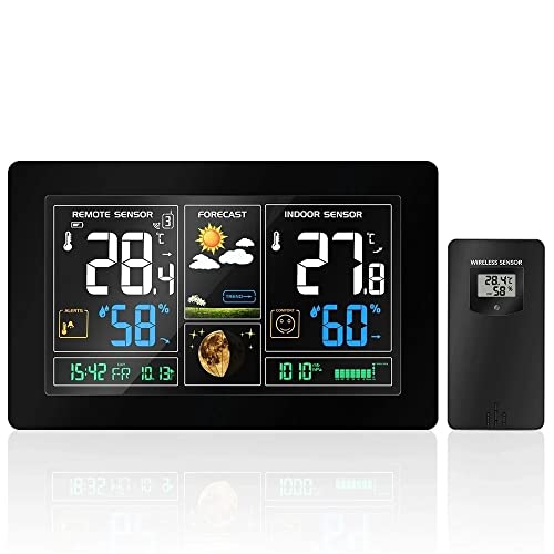 XARONF Weather Station with Atomic Clock Indoor Outdoor Thermometer, Humidity and Temperature Monitor Barometer Hygrometer with High Precision Sensor, Black