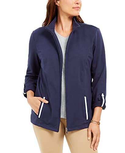 Karen Scott Womens Sport French Terry Ribbon-Trim Jacket (XX-Large, Intrepid Blue)