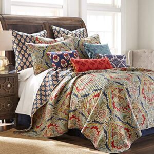 levtex home – moreno quilt set – full/queen quilt + two standard pillow shams – traditional damask – red, blue, grey, gold, teal – quilt (88x92in.) and pillow shams (26x20in.) – reversible – cotton