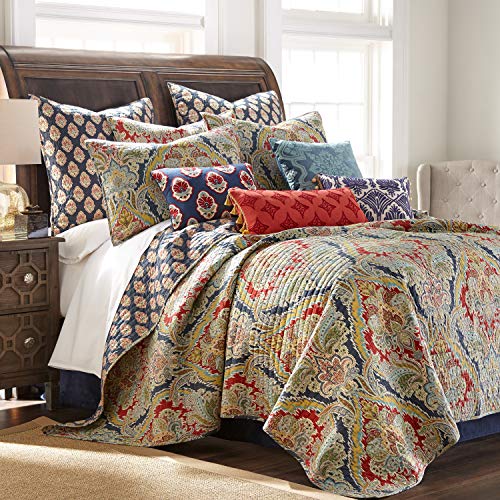 Levtex Home - Moreno Quilt Set - Full/Queen Quilt + Two Standard Pillow Shams - Traditional Damask - Red, Blue, Grey, Gold, Teal - Quilt (88x92in.) and Pillow Shams (26x20in.) - Reversible - Cotton