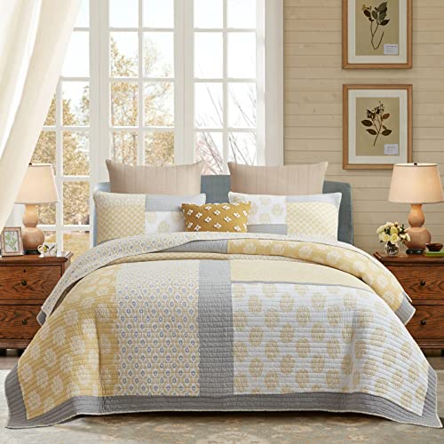 PANGUSHAN Quilt Set Queen Size,100% Cotton Queen Quilt Bedding Set Bedspread,Patchwork Yellow/Gray(Grey) Floral Reversible Quilt Set for Queen Bed,Lightweight Comforter Bed Spread,3 Pieces