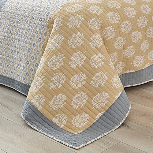 PANGUSHAN Quilt Set Queen Size,100% Cotton Queen Quilt Bedding Set Bedspread,Patchwork Yellow/Gray(Grey) Floral Reversible Quilt Set for Queen Bed,Lightweight Comforter Bed Spread,3 Pieces