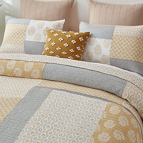 PANGUSHAN Quilt Set Queen Size,100% Cotton Queen Quilt Bedding Set Bedspread,Patchwork Yellow/Gray(Grey) Floral Reversible Quilt Set for Queen Bed,Lightweight Comforter Bed Spread,3 Pieces