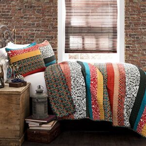 lush decor boho stripe quilt reversible 3 piece bohemian design bedding set, full/queen, turquoise & tangerine