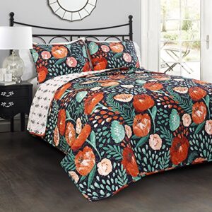 lush decor 3 piece poppy garden quilt set, king, navy