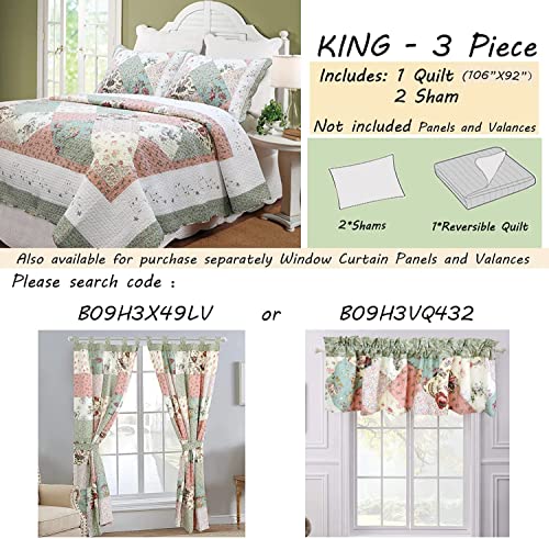 Cozy Line Home Fashions Floral Real Patchwork Green Peach Scalloped Edge Country 100% Cotton Quilt Bedding Set, Reversible Coverlet Bedspread (Celia, King - 3 Piece)