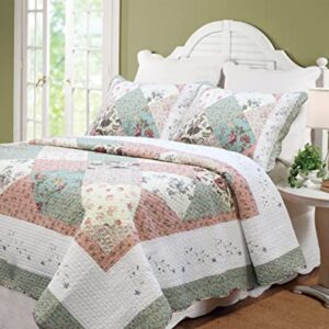 Cozy Line Home Fashions Floral Real Patchwork Green Peach Scalloped Edge Country 100% Cotton Quilt Bedding Set, Reversible Coverlet Bedspread (Celia, King - 3 Piece)