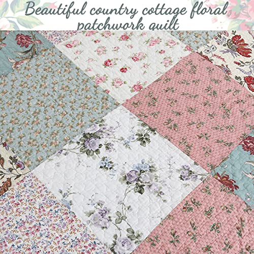 Cozy Line Home Fashions Floral Real Patchwork Green Peach Scalloped Edge Country 100% Cotton Quilt Bedding Set, Reversible Coverlet Bedspread (Celia, King - 3 Piece)