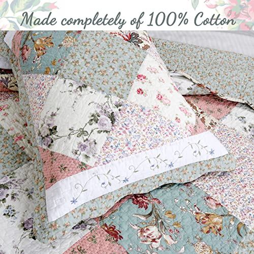 Cozy Line Home Fashions Floral Real Patchwork Green Peach Scalloped Edge Country 100% Cotton Quilt Bedding Set, Reversible Coverlet Bedspread (Celia, King - 3 Piece)