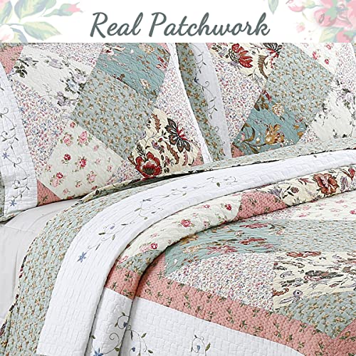 Cozy Line Home Fashions Floral Real Patchwork Green Peach Scalloped Edge Country 100% Cotton Quilt Bedding Set, Reversible Coverlet Bedspread (Celia, King - 3 Piece)