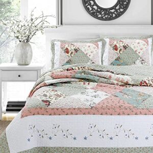 Cozy Line Home Fashions Floral Real Patchwork Green Peach Scalloped Edge Country 100% Cotton Quilt Bedding Set, Reversible Coverlet Bedspread (Celia, King - 3 Piece)