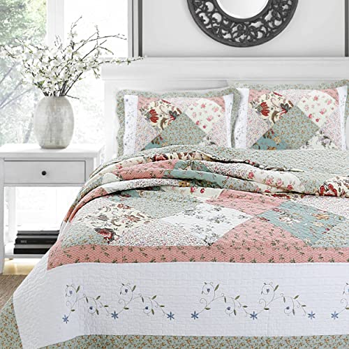 Cozy Line Home Fashions Floral Real Patchwork Green Peach Scalloped Edge Country 100% Cotton Quilt Bedding Set, Reversible Coverlet Bedspread (Celia, King - 3 Piece)