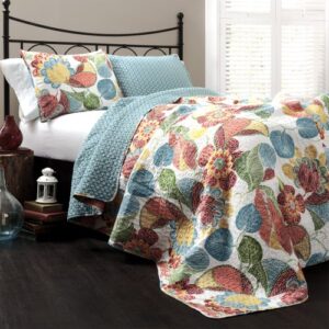 lush decor layla quilt floral leaf print 3 piece reversible bedding set full/queen orange & blue