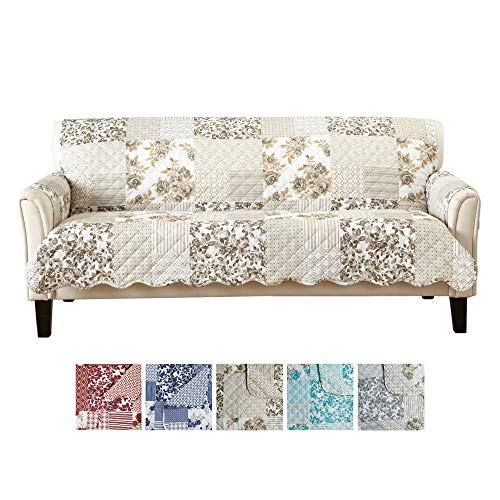 Great Bay Home Patchwork Scalloped Printed Furniture Protector. Stain Resistant Couch Cover. (Sofa, Taupe)