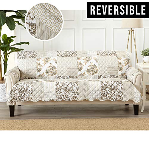 Great Bay Home Patchwork Scalloped Printed Furniture Protector. Stain Resistant Couch Cover. (Sofa, Taupe)