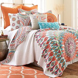 levtex home – mirage quilt set – queen quilt + two standard pillow shams – medallion – teal orange red green yellow – quilt (88x92in.) and pillow shams (26x20in.) – reversible – cotton fabric