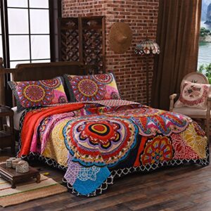 lamejor quilt set queen size boho 3-piece bedspread coverlet set lightweight mandala pattern reversible microfiber multicolor