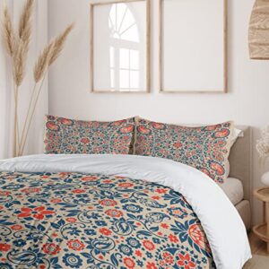 Ambesonne Paisley Duvet Cover Set, Floral Ornate Pattern Cultural Folk Persian Middle Eastern, Decorative 3 Piece Bedding Set with 2 Pillow Shams, Queen Size, Night Blue Orange Tan