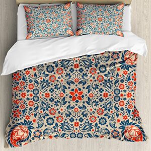 Ambesonne Paisley Duvet Cover Set, Floral Ornate Pattern Cultural Folk Persian Middle Eastern, Decorative 3 Piece Bedding Set with 2 Pillow Shams, Queen Size, Night Blue Orange Tan