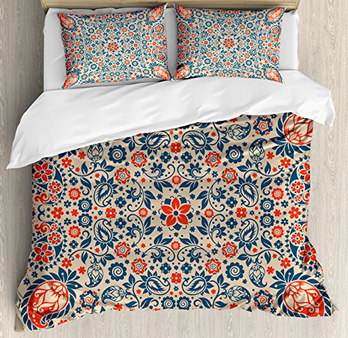 Ambesonne Paisley Duvet Cover Set, Floral Ornate Pattern Cultural Folk Persian Middle Eastern, Decorative 3 Piece Bedding Set with 2 Pillow Shams, Queen Size, Night Blue Orange Tan