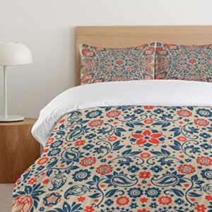 Ambesonne Paisley Duvet Cover Set, Floral Ornate Pattern Cultural Folk Persian Middle Eastern, Decorative 3 Piece Bedding Set with 2 Pillow Shams, Queen Size, Night Blue Orange Tan