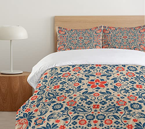 Ambesonne Paisley Duvet Cover Set, Floral Ornate Pattern Cultural Folk Persian Middle Eastern, Decorative 3 Piece Bedding Set with 2 Pillow Shams, Queen Size, Night Blue Orange Tan