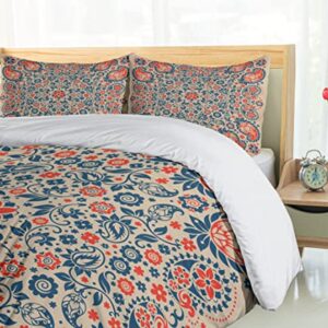 Ambesonne Paisley Duvet Cover Set, Floral Ornate Pattern Cultural Folk Persian Middle Eastern, Decorative 3 Piece Bedding Set with 2 Pillow Shams, Queen Size, Night Blue Orange Tan