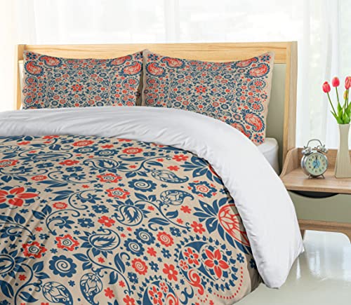 Ambesonne Paisley Duvet Cover Set, Floral Ornate Pattern Cultural Folk Persian Middle Eastern, Decorative 3 Piece Bedding Set with 2 Pillow Shams, Queen Size, Night Blue Orange Tan