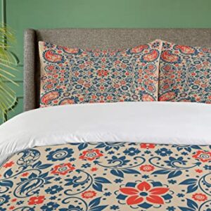 Ambesonne Paisley Duvet Cover Set, Floral Ornate Pattern Cultural Folk Persian Middle Eastern, Decorative 3 Piece Bedding Set with 2 Pillow Shams, Queen Size, Night Blue Orange Tan