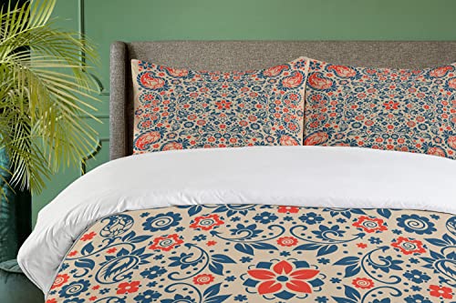 Ambesonne Paisley Duvet Cover Set, Floral Ornate Pattern Cultural Folk Persian Middle Eastern, Decorative 3 Piece Bedding Set with 2 Pillow Shams, Queen Size, Night Blue Orange Tan