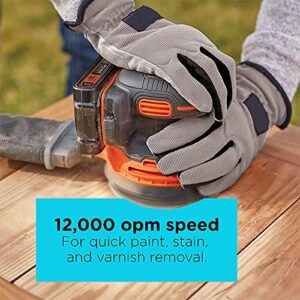 BLACK+DECKER 20V MAX Orbital Sander, Cordless, 12,000 OPM, 2 Sandpaper Sheets, Battery and Charger Included (BDCRO20C)