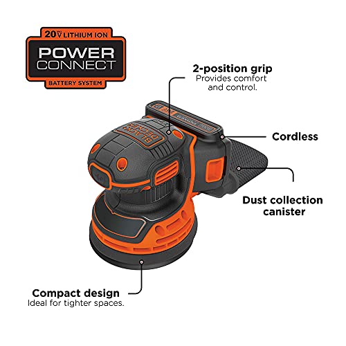 BLACK+DECKER 20V MAX Orbital Sander, Cordless, 12,000 OPM, 2 Sandpaper Sheets, Battery and Charger Included (BDCRO20C)