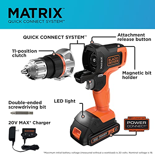 BLACK+DECKER 20V MAX Matrix Cordless Drill/Driver (BDCDMT120C), Drill Kit (Orange)