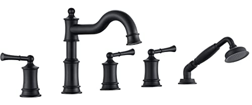 WINKEAR Roman Tub Faucet Set With Handheld Shower 5 Hole Deck Mount Tub Filler With Diverter, 3 Lever Handle Rough-in Valve and Water Supply Lines Included for Bathroom Tub, Matte Black