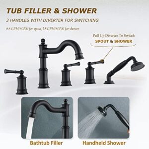 WINKEAR Roman Tub Faucet Set With Handheld Shower 5 Hole Deck Mount Tub Filler With Diverter, 3 Lever Handle Rough-in Valve and Water Supply Lines Included for Bathroom Tub, Matte Black