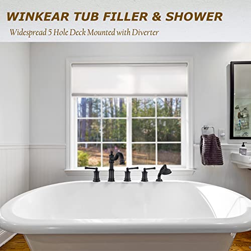 WINKEAR Roman Tub Faucet Set With Handheld Shower 5 Hole Deck Mount Tub Filler With Diverter, 3 Lever Handle Rough-in Valve and Water Supply Lines Included for Bathroom Tub, Matte Black