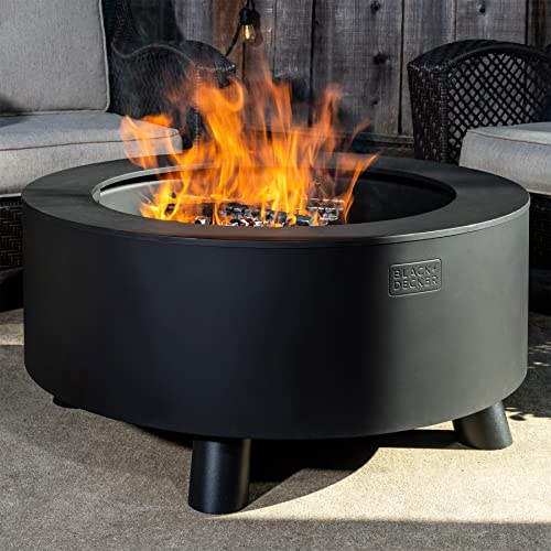 BLACK + DECKER 34" D Smokeless Wood Burning Steel Fire Pit Black Powder Coated Steel Fire Bowl Includes Poker